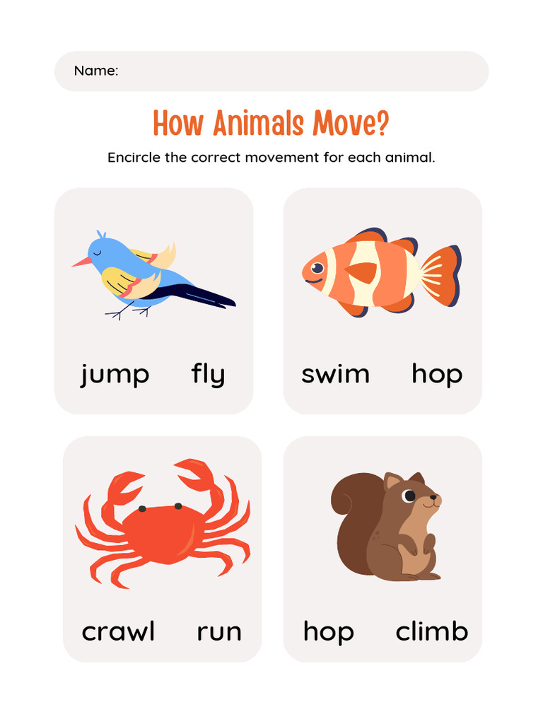 Colorful Illustrative How Animals Move English Worksheet Printable | PDF
