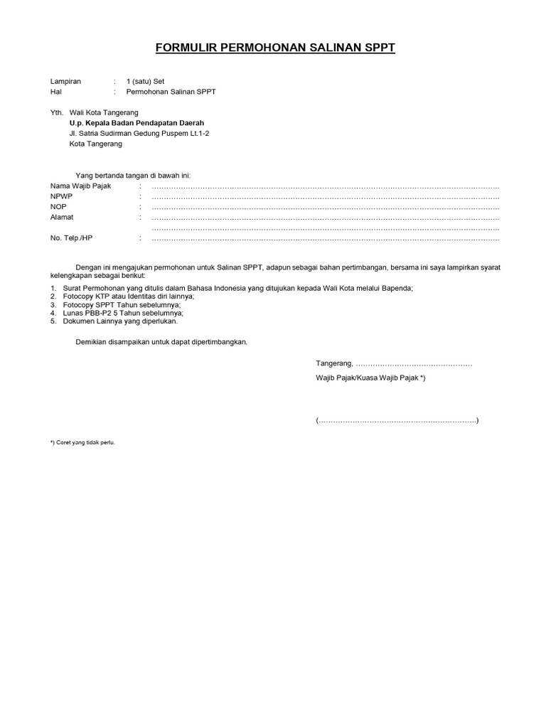 Formulir Permohonan Salinan SPPT | PDF