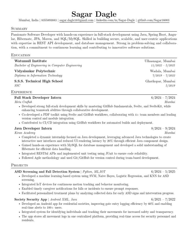 Software Developer Sagar Dagle Resume | PDF | Java (Programming Language) | My Sql
