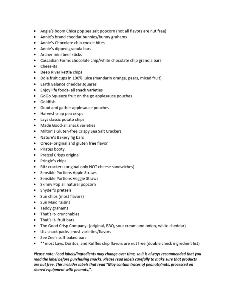 Peanut Free Snack List | PDF