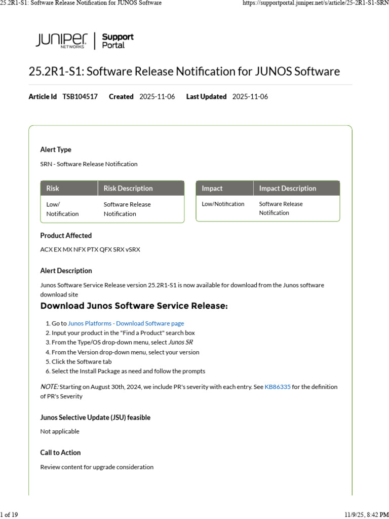 25.2R1-S1_ Software Release Notification for JUNOS Software | PDF | Router (Computing ...