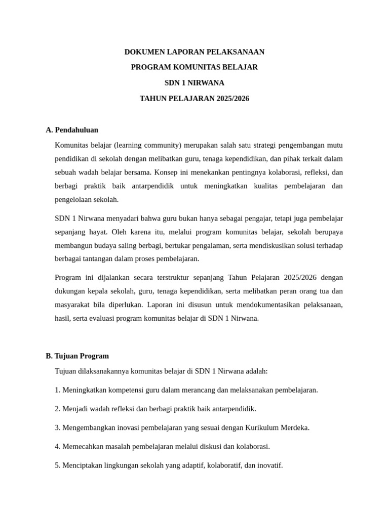 Program Komunitas Belajar SDN 1 Nirwana | PDF