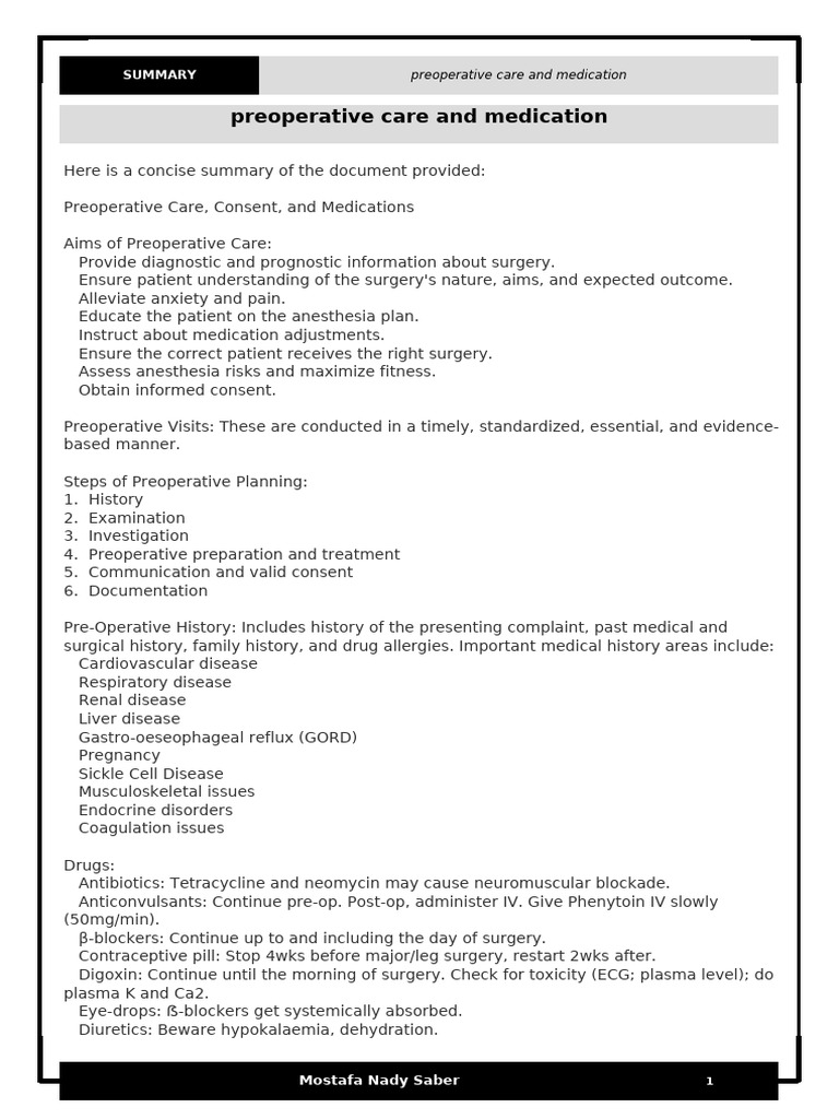 Preoperative Care and Medication - Summary | PDF | Surgery | Anesthesia