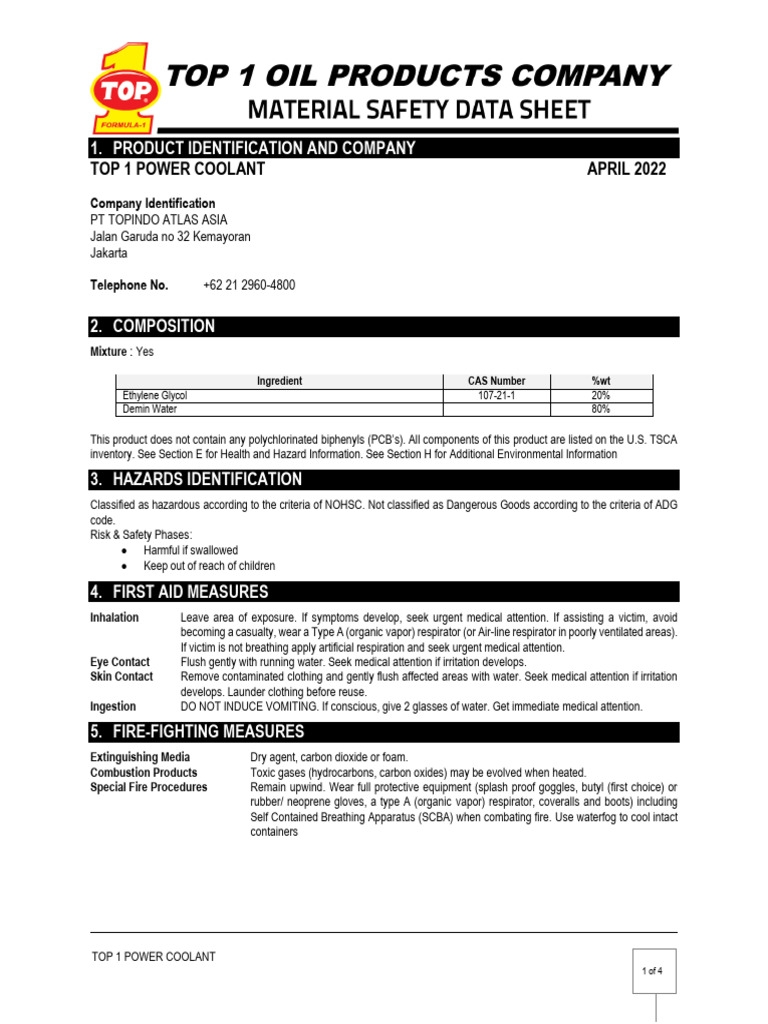 Msds Top 1 Power Coolant-2 | PDF | Volatile Organic Compound | Waste Management