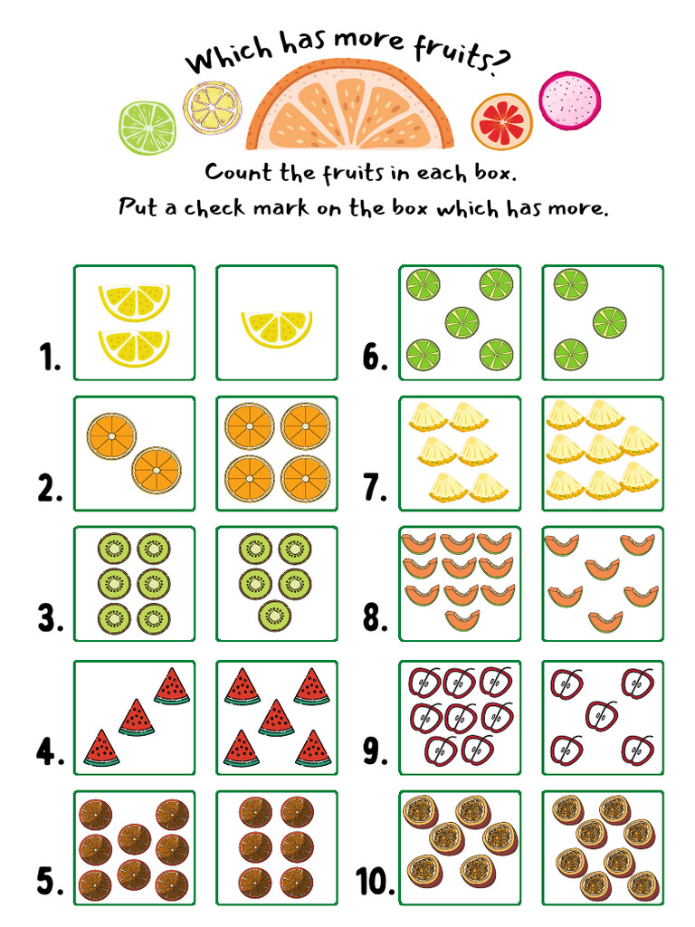 Which Has More Fruits Math Numeracy More or Less Comparison Fruit Math ...