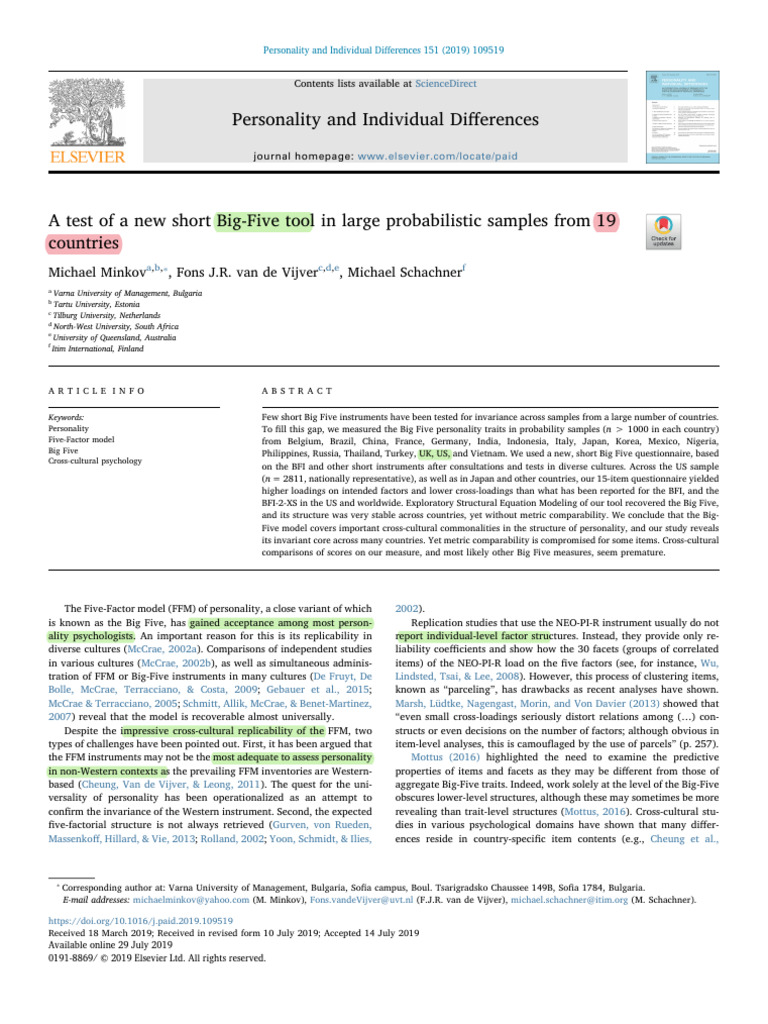 A Test of A New Short Big-Five Tool in Large Probabilistic Samples From ...