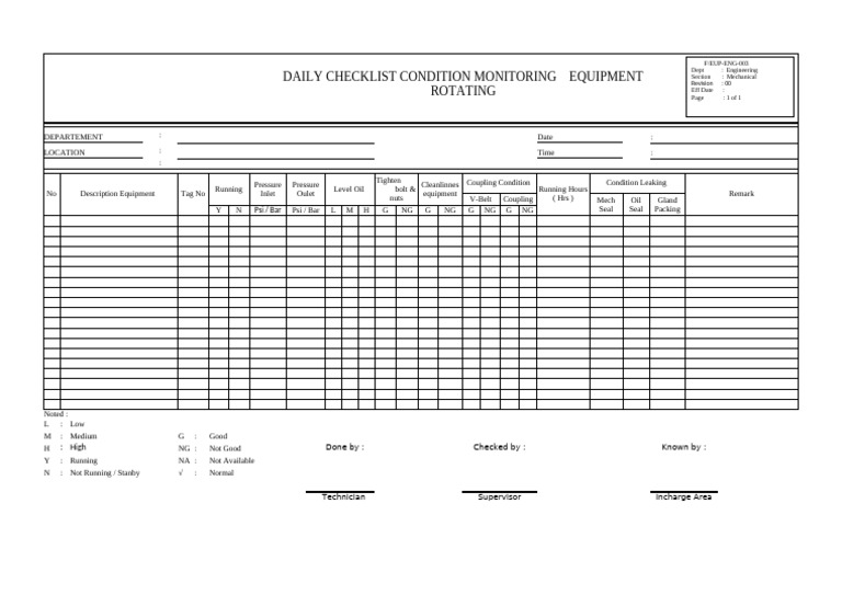 F-Eng-003 (Checklist Monitoring) | PDF | Mechanical Engineering | Equipment