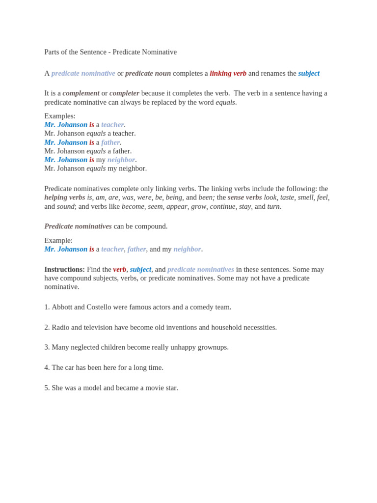 Predicate Nominative Student Exercise | PDF