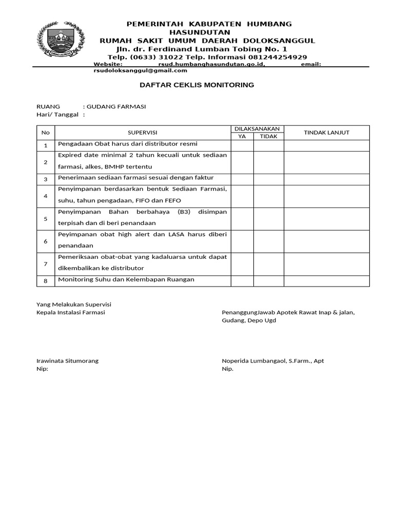 Ceklis Supervisi Farmasi RSUD Doloksanggul | PDF
