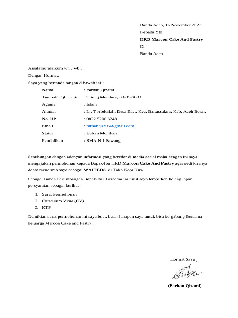 Berkas Lamaran Farhan | PDF