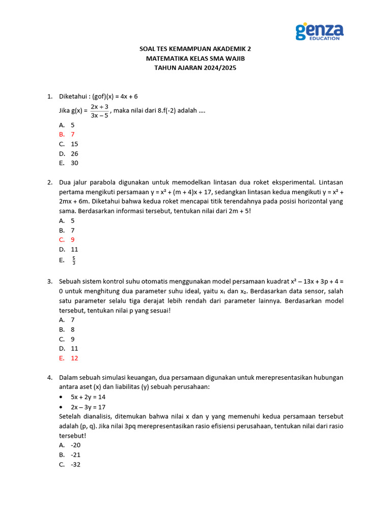 Soal Dan Kunci SMA Matematika Wajib - TKA 2 | PDF