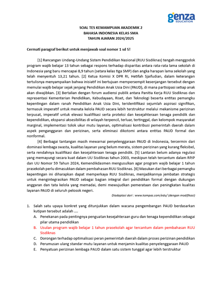 Soal Dan Kunci SMA Bahasa Indonesia - TKA 2 | PDF