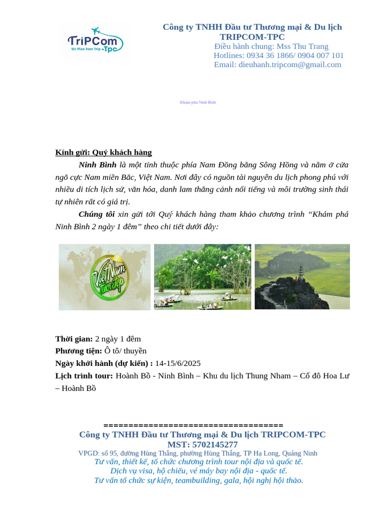 Trip25 HB Ninh Bình Thung Nham Hoa Lư 2N1Đ | PDF