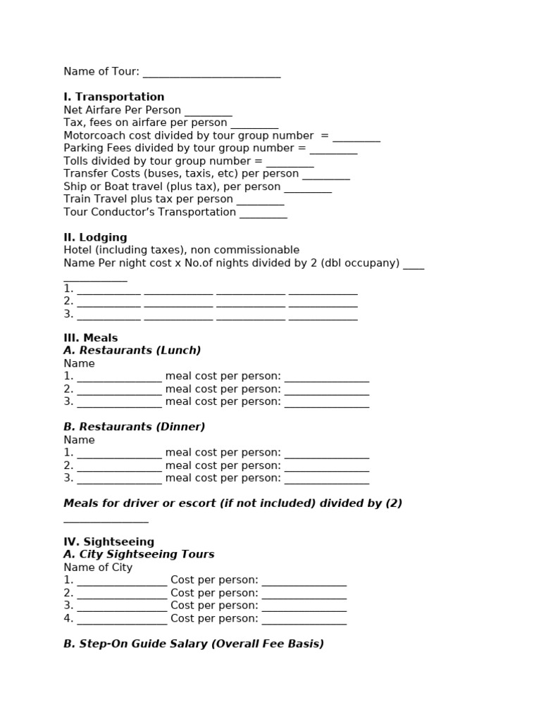 Tour Cost Breakdown Template | PDF