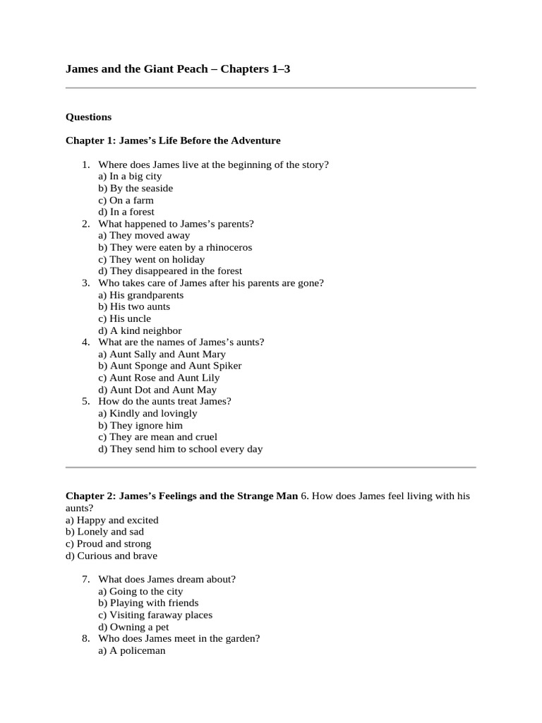 James and the Giant Peach: Chapters 1-3 Quiz | PDF