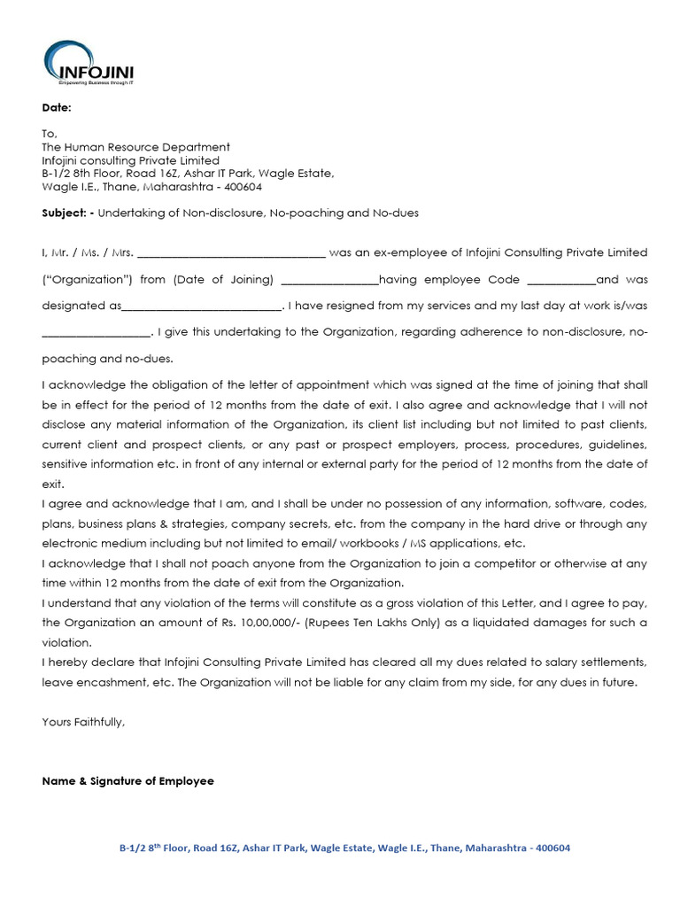 Infojini - Undertaking of Non-Disclosure, No-Poaching and No-Dues ...