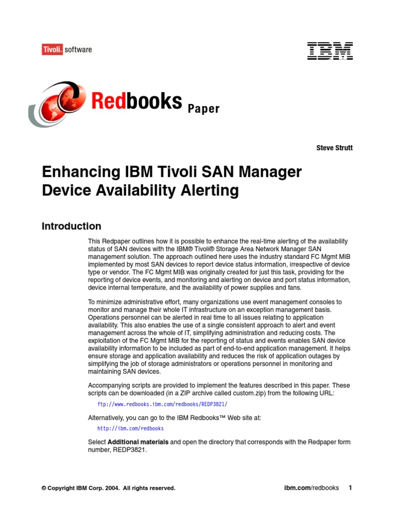 Enhancing IBM Tivoli SAN Manager Device Availability Alerting Redp3821 | PDF | Command Line ...