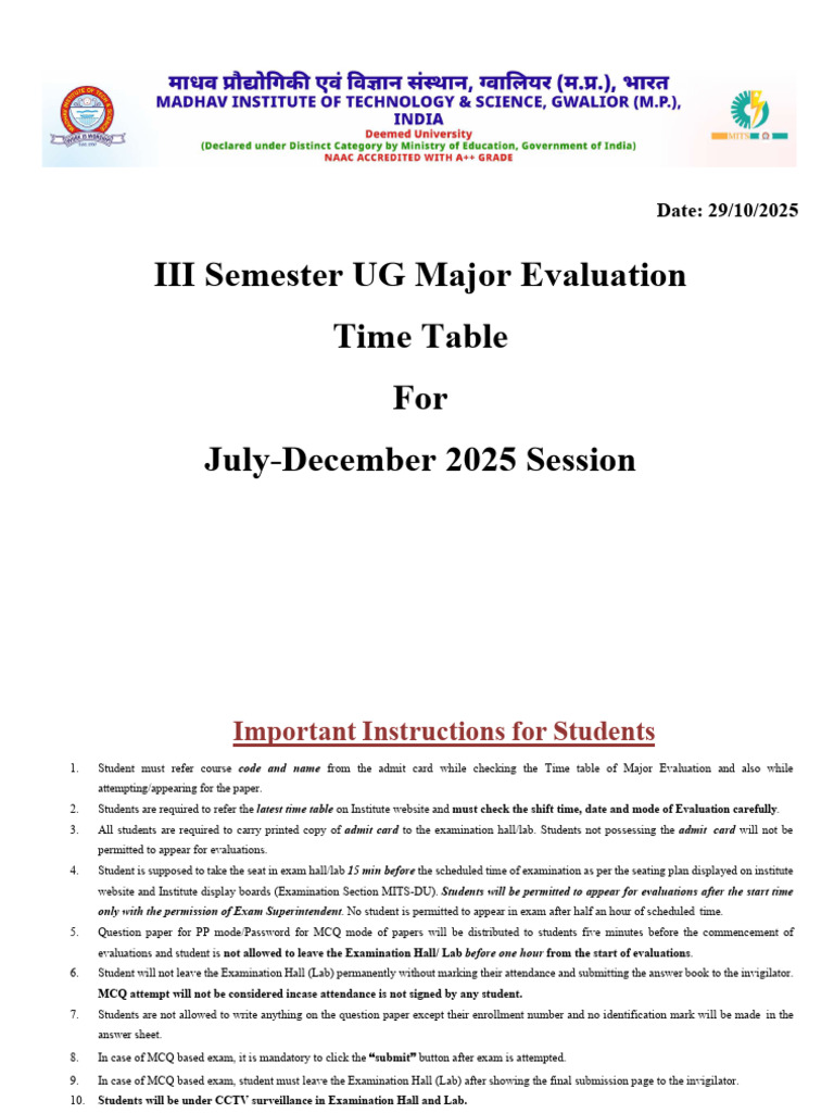 UG Regular III Semester Major Evaluation Timetable | PDF | Artificial ...