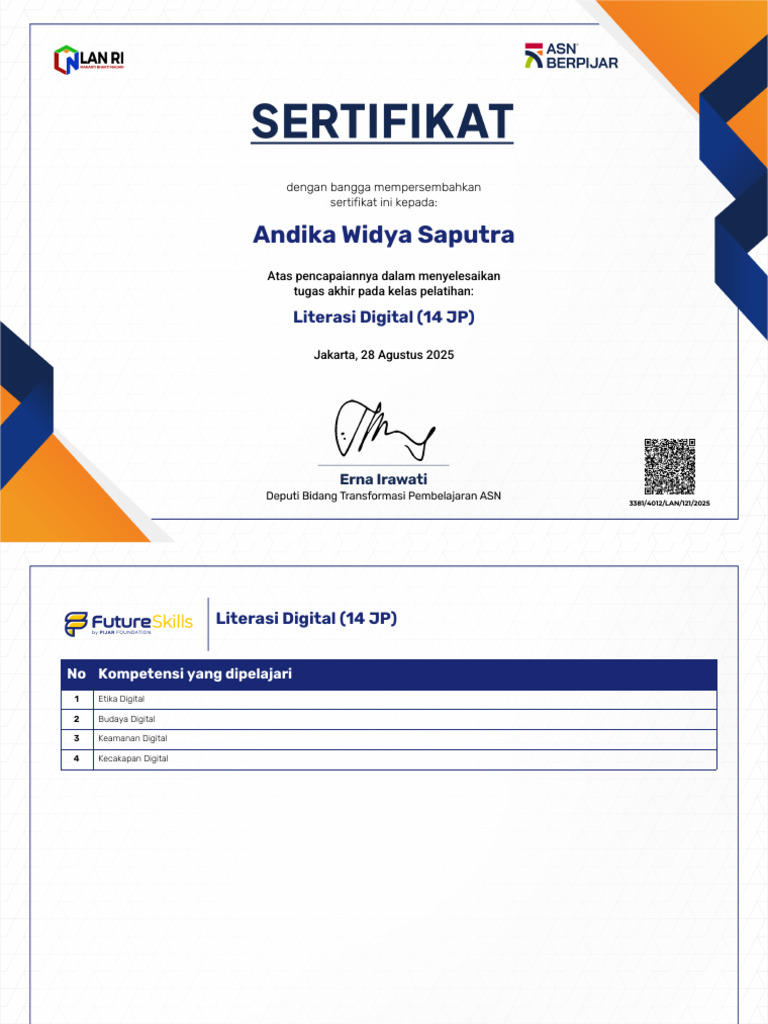 Sertifikat - Kelas Literasi Digital (14 JP) - Andika Widya Saputra | PDF