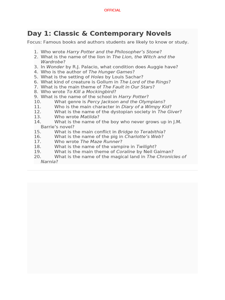 Book Week Quiz Questions | PDF