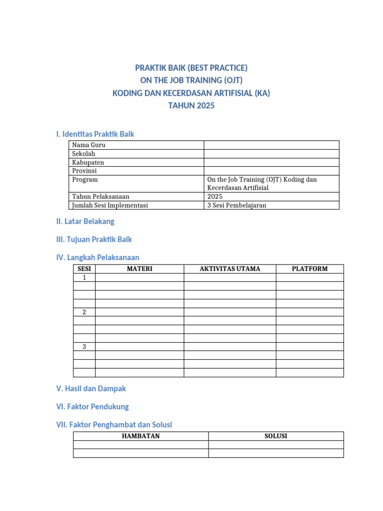 Draf Laporan Praktik Baik OJT Koding Dan Kecerdasan Artifisial 2025 (Nama Peserta) | PDF