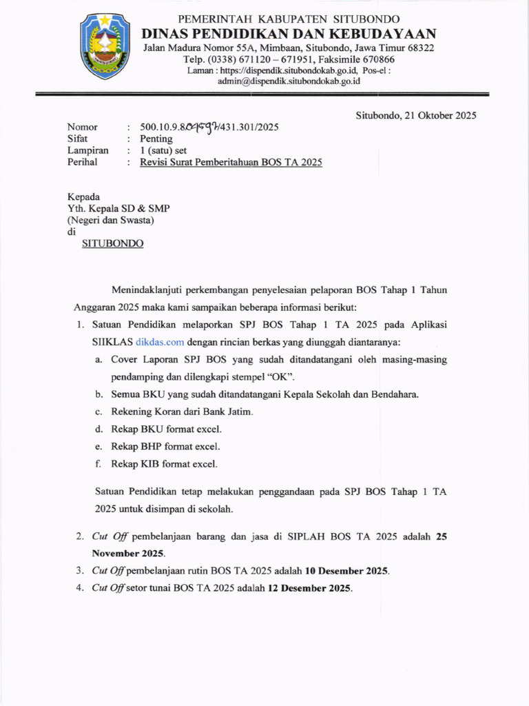 Revisi Surat Pemberitahuan Cut Off 2025 | PDF