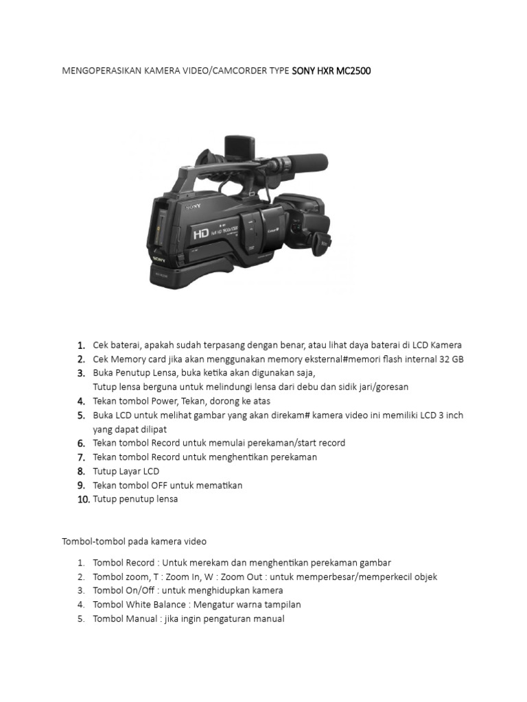 Panduan Operasional Kamera Sony HXR MC2500 | PDF