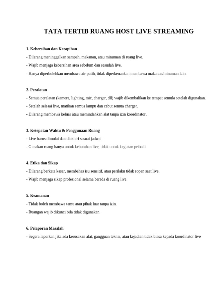 Tata Tertib Ruang Host Live Streaming (Detail) | PDF