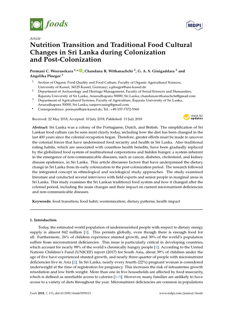 Nutrition Transition and Traditional Food Cultural Changes in Sri Lanka ...