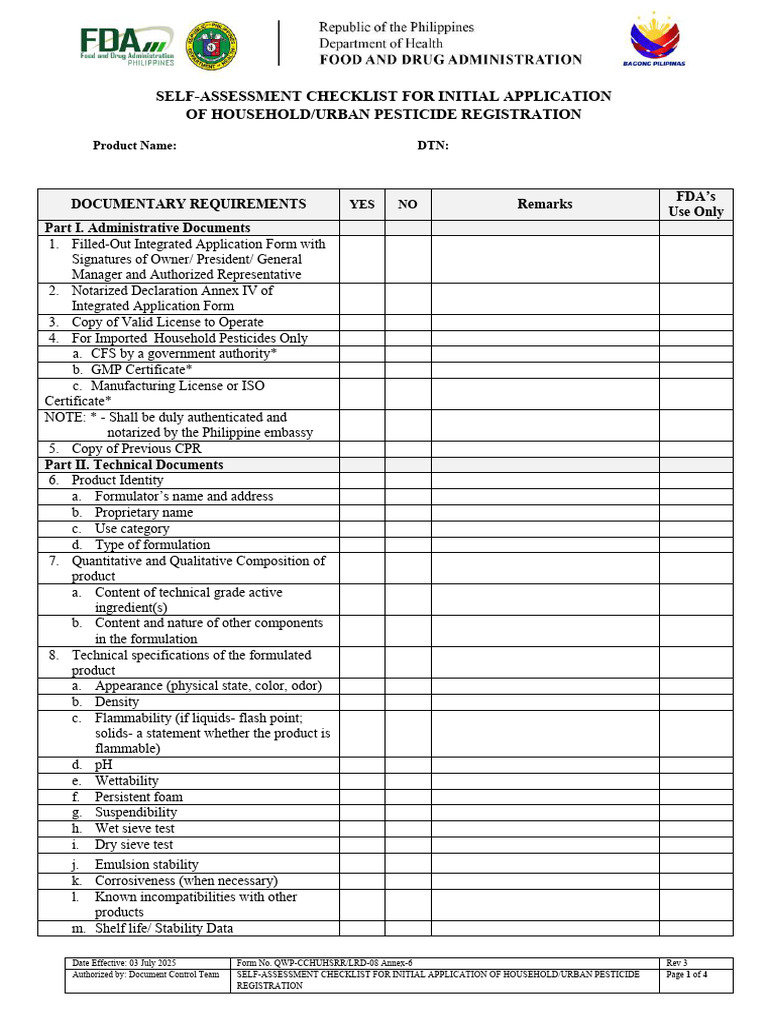 SelfAssessment Checklist Initial Application HUP Registration Product ...
