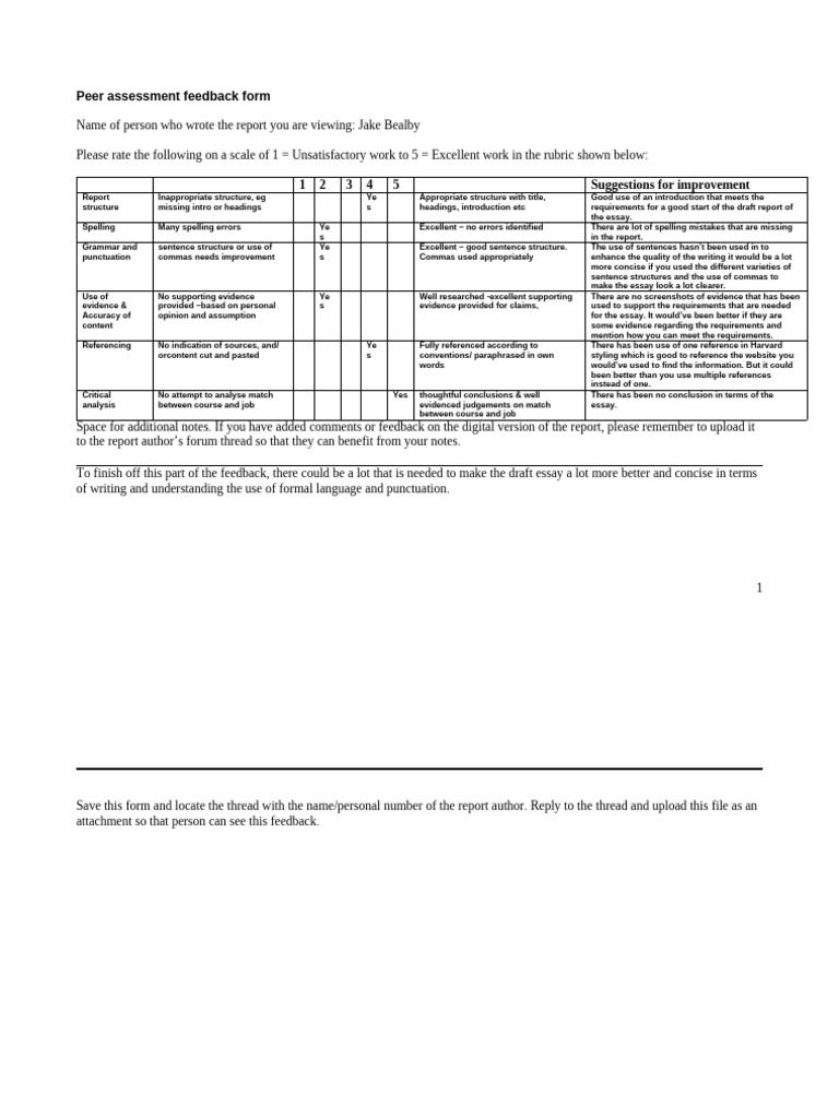 Peer-feedback-Form Feedback Nadim Ahmed Jake Bealey | PDF | Linguistics ...