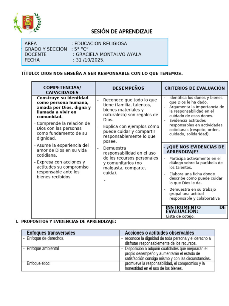 E. R. Dios Nos Enseña A Ser Responsable Con Lo Que Tenemos. | PDF ...