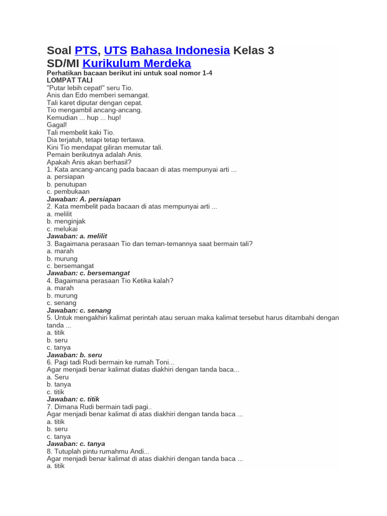 soal UTS BHS INDO KLS 3 | PDF