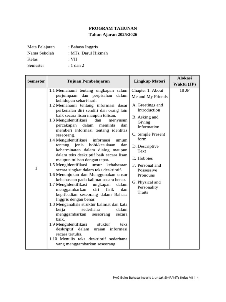 Program Bahasa Inggris Kelas VII 2025/2026 | PDF