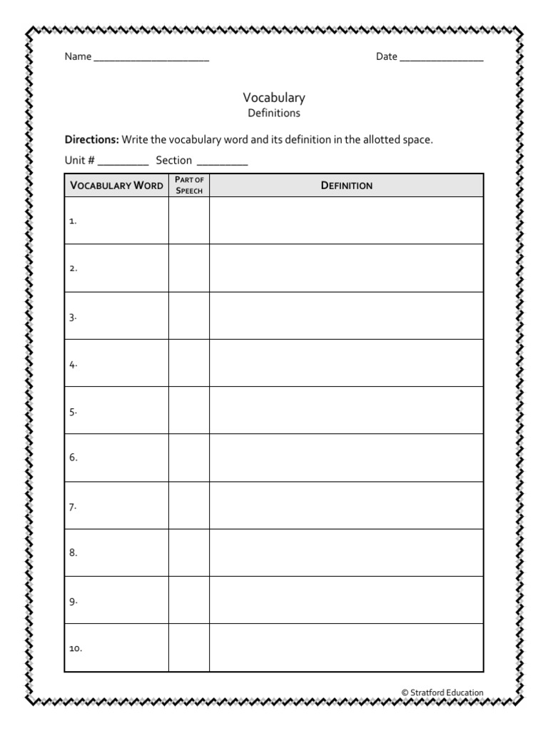 Vocabulary Definitions Worksheet | PDF