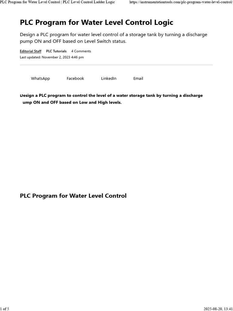 PLC Water Level Control Program Guide | PDF | Programmable Logic ...