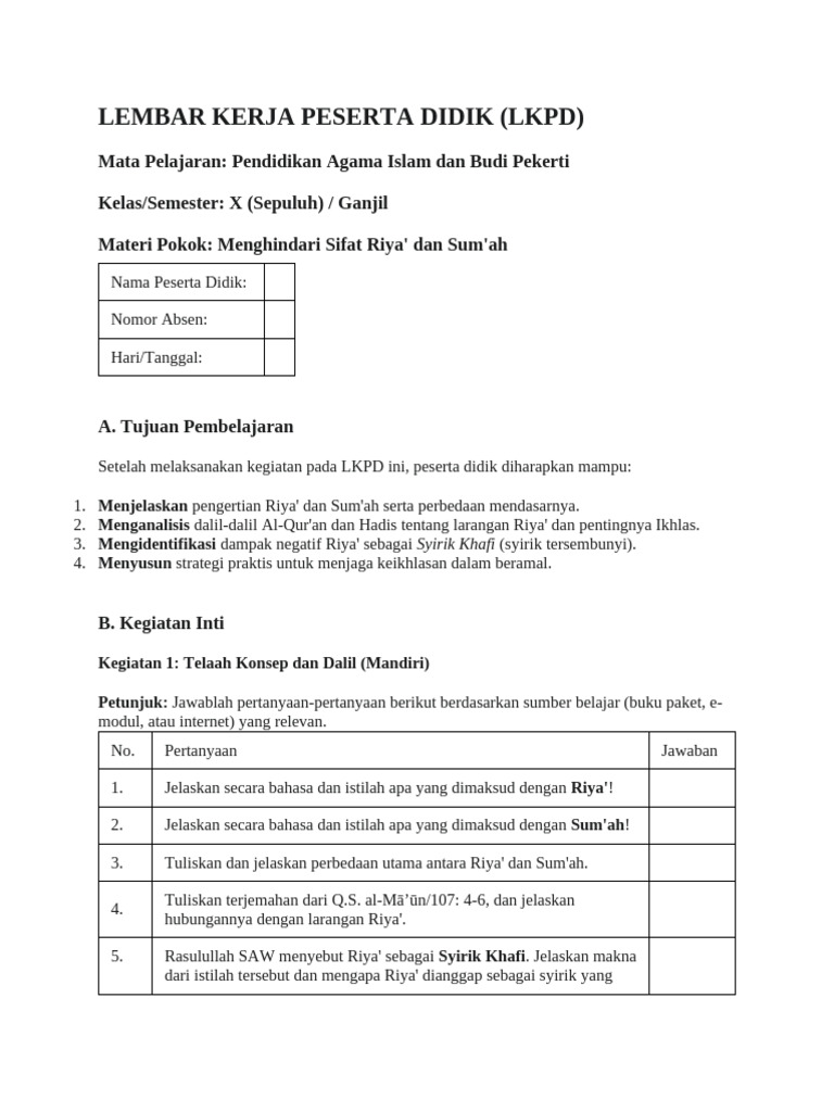 Lembar Kerja Riya' | PDF