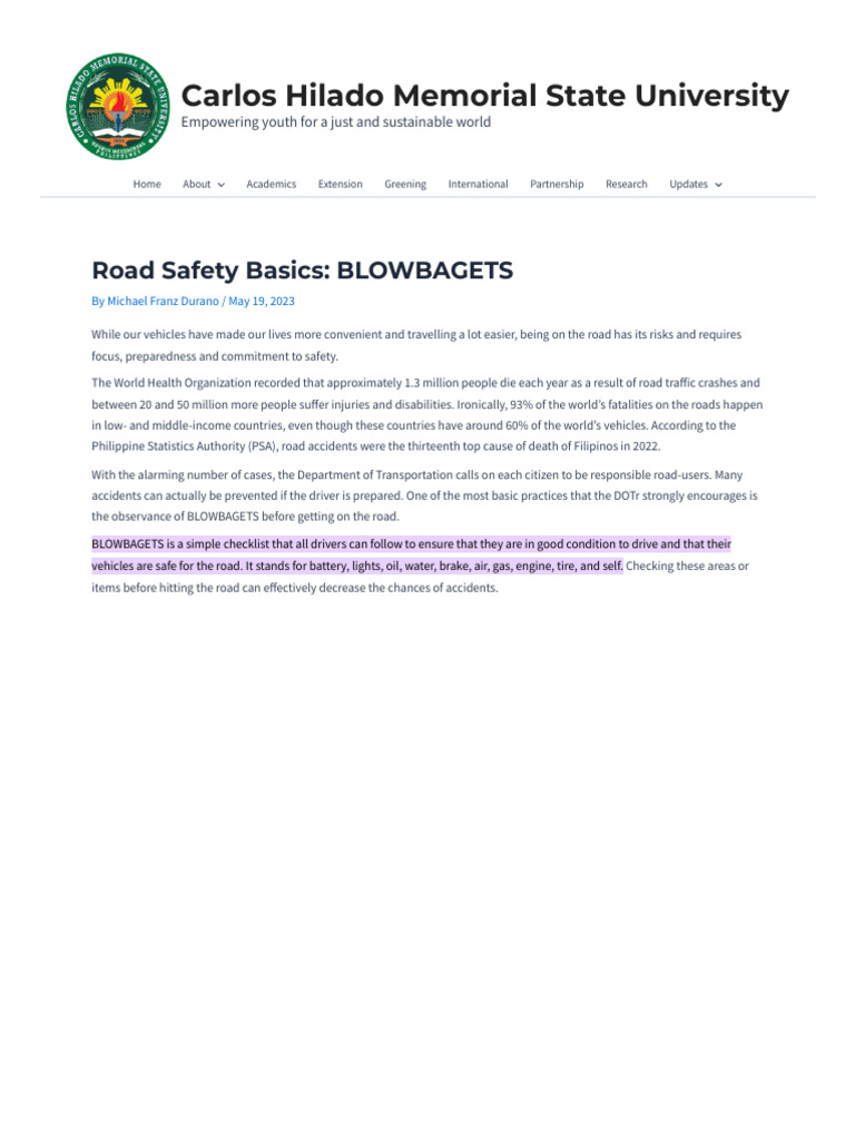 Road Safety: BLOWBAGETS Checklist | PDF | Brake | Leak