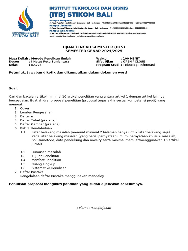 UTS Metode Penulisan Ilmiah 2024/2025 | PDF