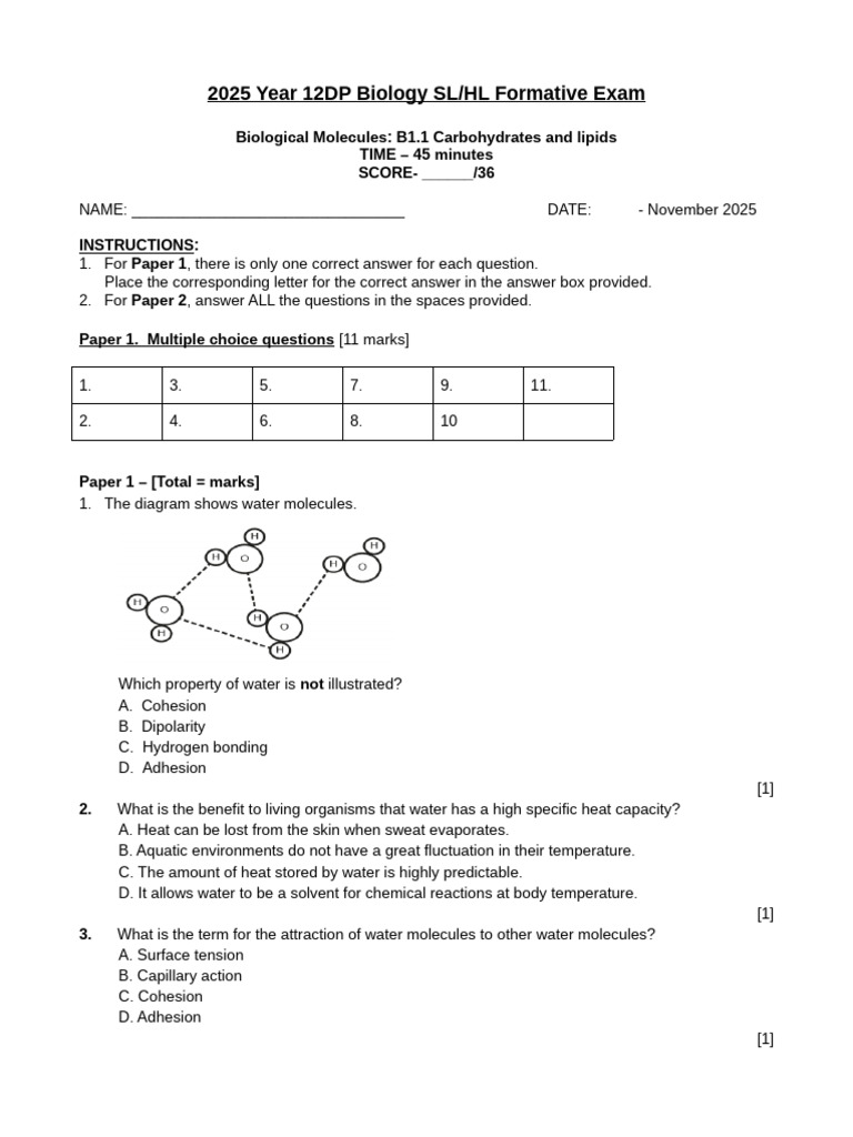 2024 11DP - SL-HL - A1.1 Water & B1.1 Carbohydrates and Lipids (Q ...