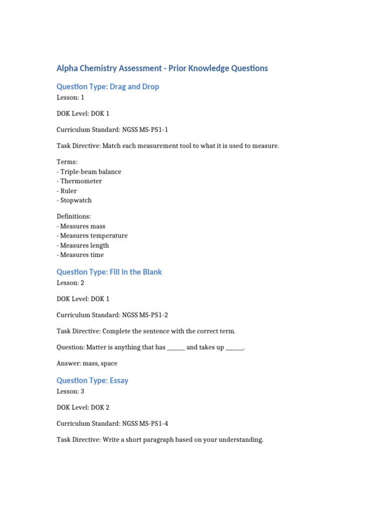 AlphaChem Prior Knowledge Assessment | PDF