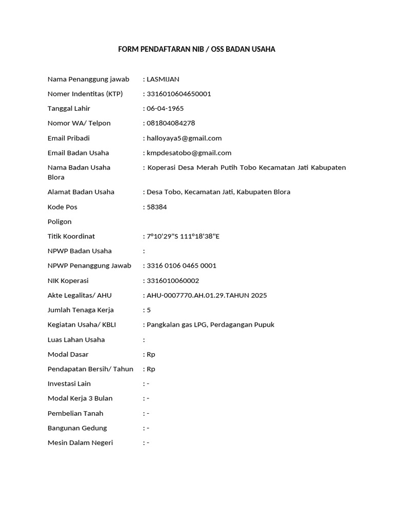 Form Pendaftaran Nib (1) | PDF