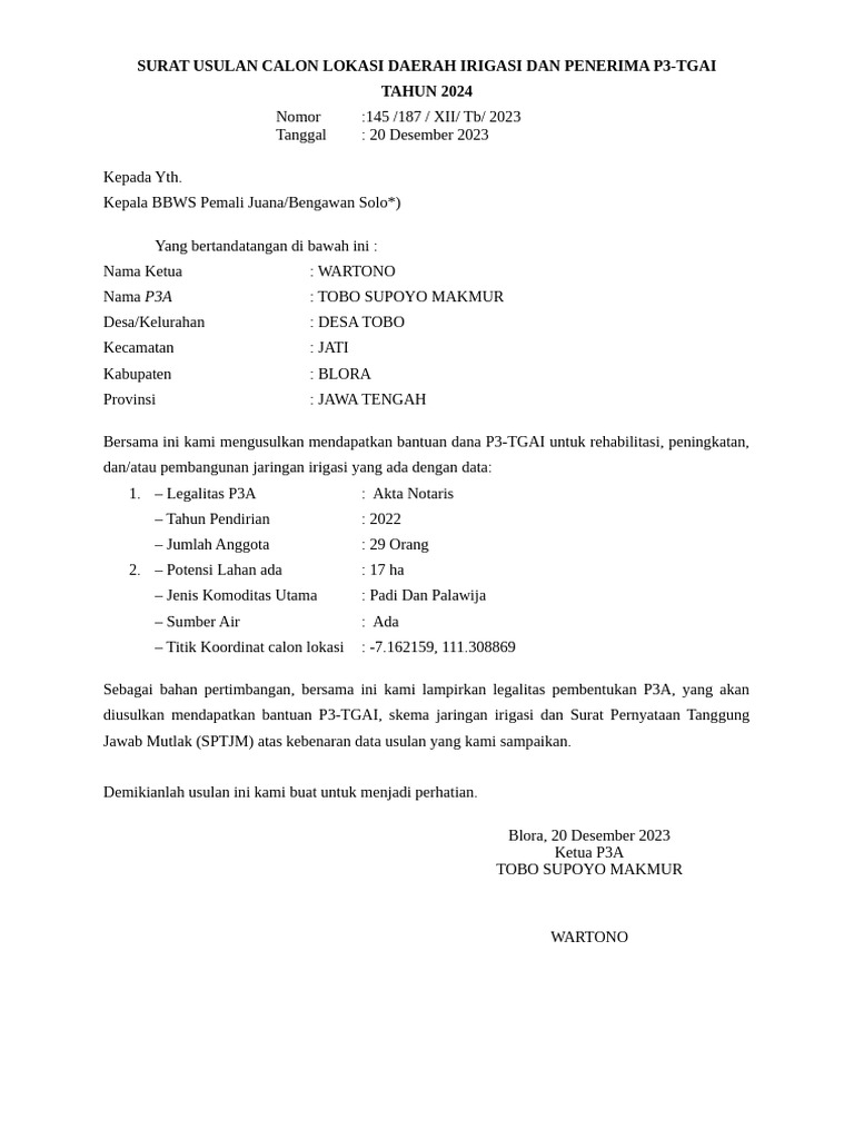 Surat Usulan Calon Lokasi Daerah Irigasi Dan Penerima p3 | PDF