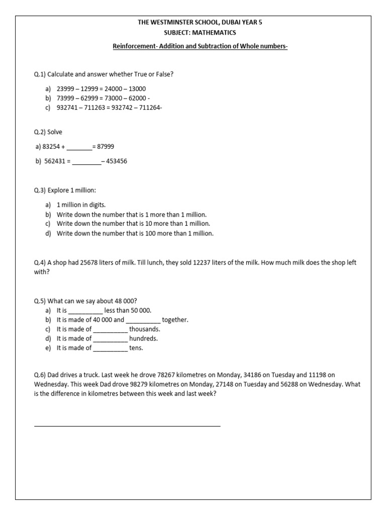 Year 5 Math: Addition & Subtraction Exercises | PDF