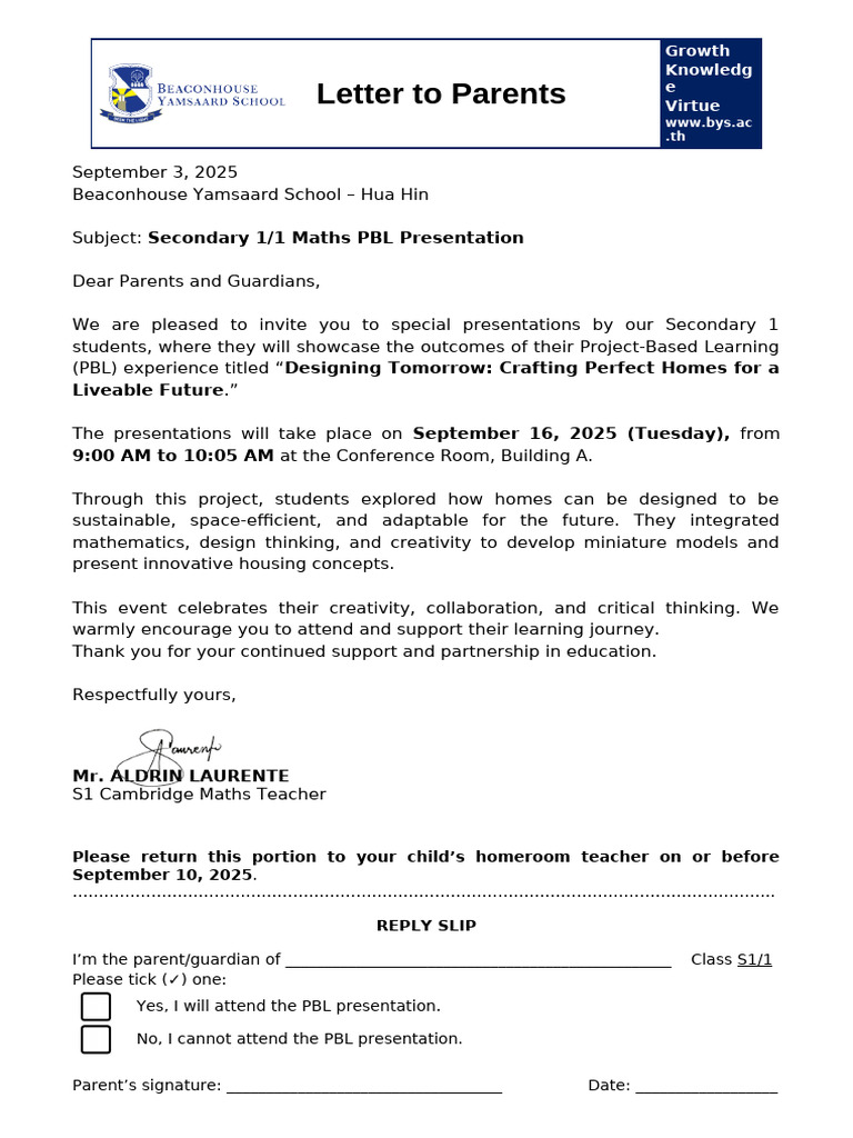 S1 PBL Letter to Parents Open House 2025-26 REV | PDF | Behavior ...
