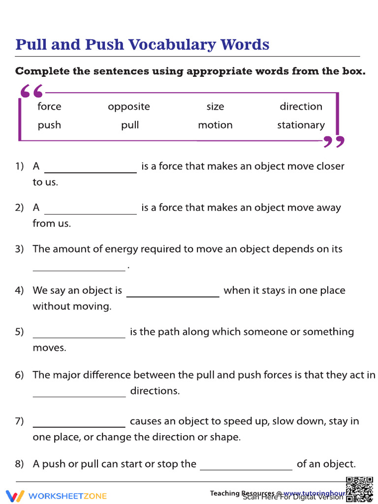 Push and Pull Vocabulary Worksheet | PDF