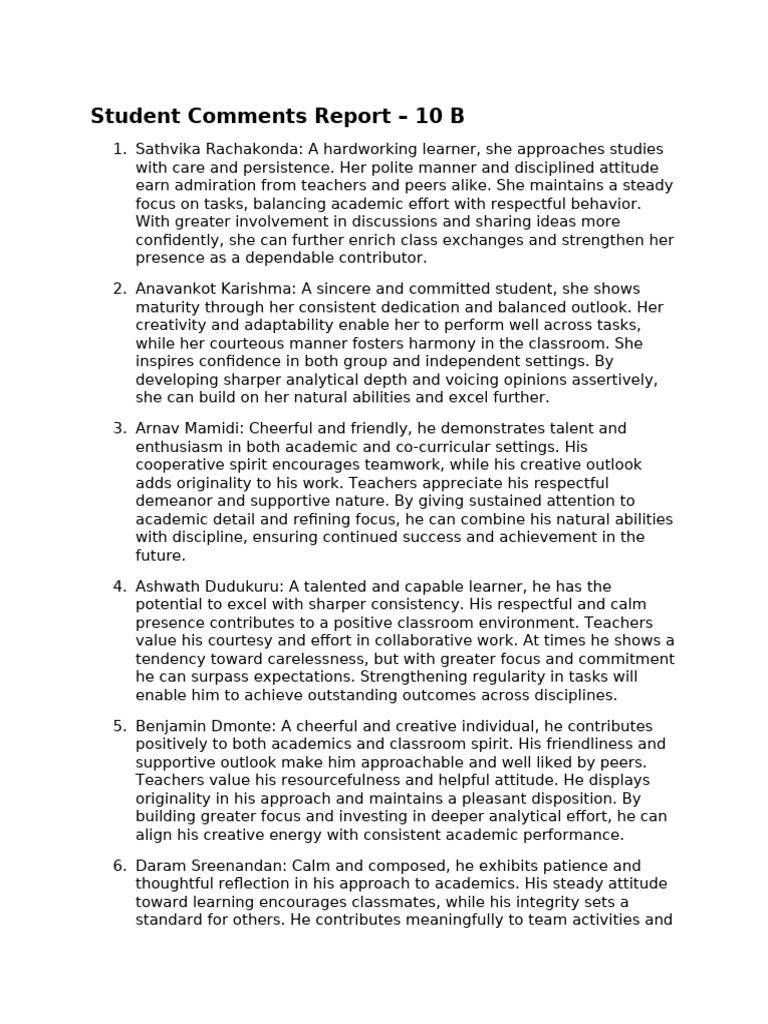 Student Comments 10 B | PDF | Learning | Leadership