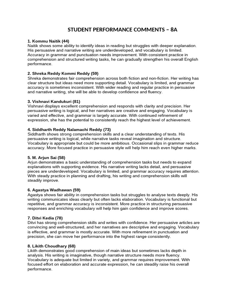 Student Performance Comments 8a | PDF | Reading Comprehension | Narrative