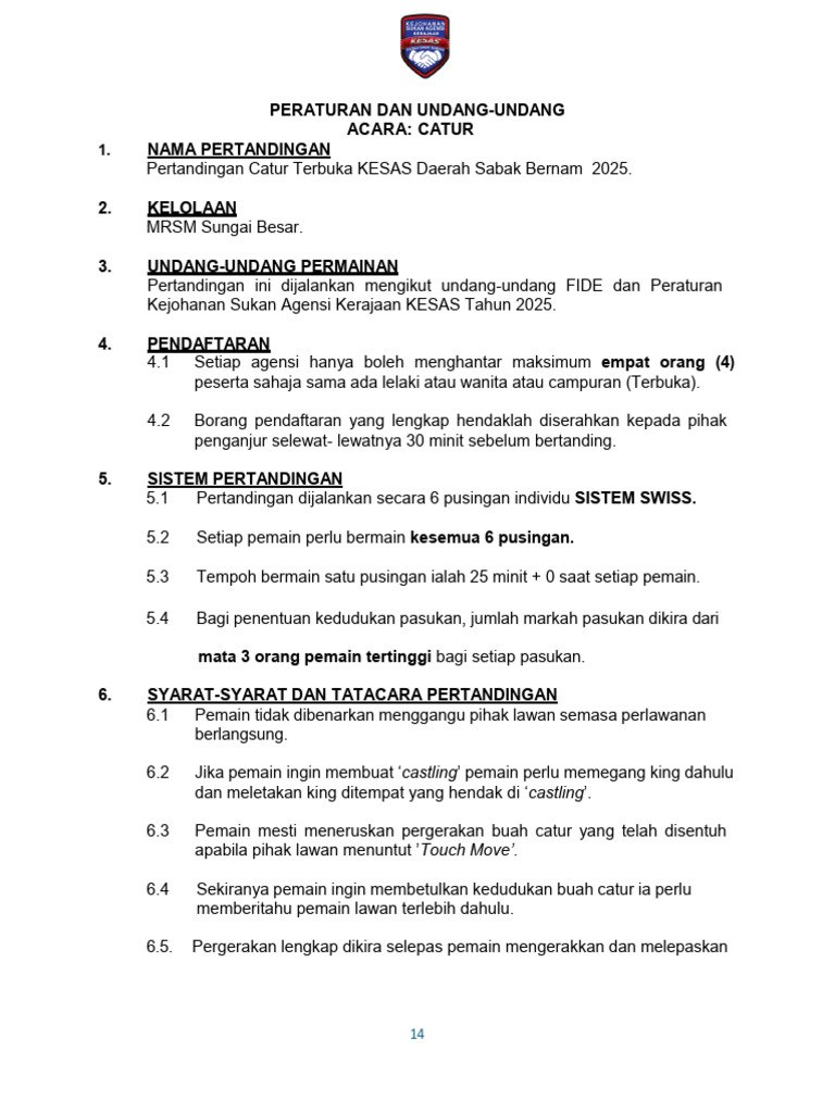 Peraturan Dan Jadual Pertandingan Catur Kesas 2025 | PDF
