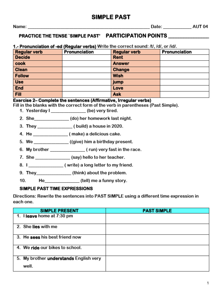 Simple Past - Worksheet - A2 | PDF | Syntax | Linguistics
